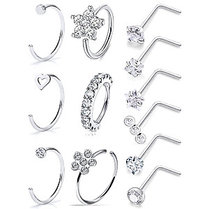Ftovosyo 20G Surgical Steel Nose Rings Hoop for Women Men, Paved CZ Flower Piercing Jewelry L Shaped Nose Ring Stud Set