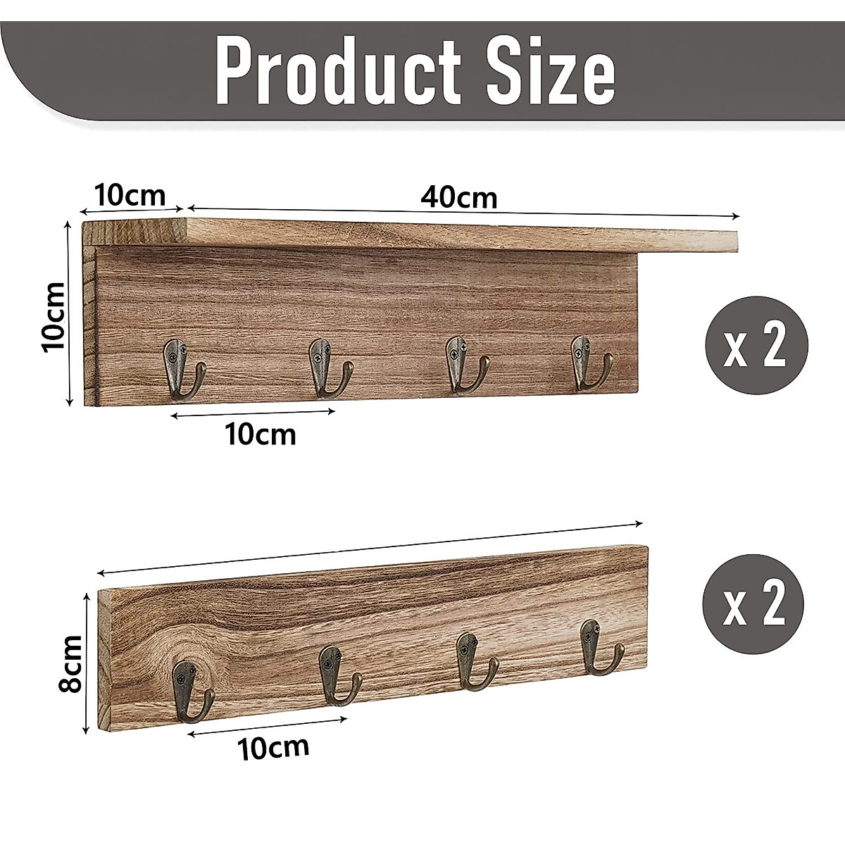 TRSPCWR Coffee Mug Rack with Storage Shelf, Rustic Wood Coffee Mug Holder Wall Mounted with 16 Hooks, Coffee Cup Holder for Mugs Tea Cups Display and Organizer, Set of 4