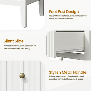 May in Color White Fluted 5 Drawer Dresser for Bedroom, Tall Chest of Drawers with Ball Bearing Slide, Waterproof Lacquered Desktop,Modern Wood Storage Cabinet for Living Room