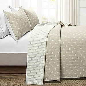 Lush Decor Hygge Kantha Pick Stitch Yarn Dyed Cotton Jacquard 3 Piece Quilt/Coverlet Set, Full/Queen, Neutral & Off-White