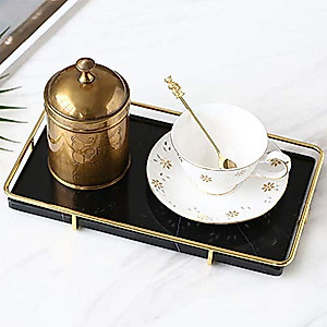 PuTwo Decorative Tray Black Marble Tray with Polished Gold Metal Handles Jewelry Tray Handmade Catchall Vanity Tray for Dresser Bathroom Vanity Table Bar Ideal Gift for Birthday Christmas - Black