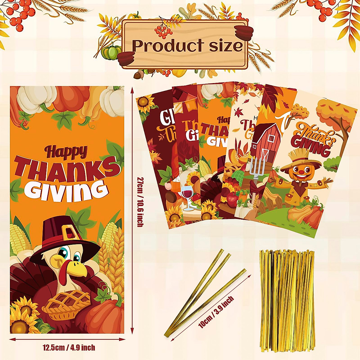 DERAYEE Thanksgiving Treat Bags, 180 Pcs Fall Cellophane Candy Bags Maple Leaves Turkey Pumpkin Goodie Gift Bags for Thanksgiving Party Supplies