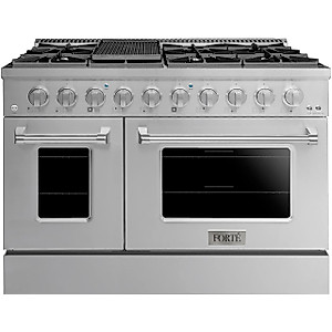 FORTÉ Convection Double Ovens with Gas Cooktop, 48 Inch, 5.53 Cu. Ft. Capacity, Natural, All Gas Freestanding Range Oven for Kitchen, Stainless Steel Finish, (8) Sealed Gas Stove Top Burner
