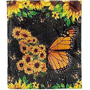 Throw Blanket Sunflower Butterfly Flannel Fleece Blanket, Comfy Throw Blanket Lightweight Sunflower Butterfly Blanket for Bed, Soft Fluffy Blanket for Aldults Women Men Valentines Day- 60x50 Inches