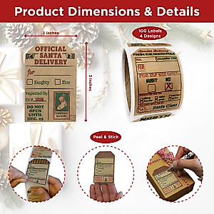 Natural Kraft from Santa Claus Stickers, 2” x 3” Inch Christmas Gift Tags 100 Total Labels