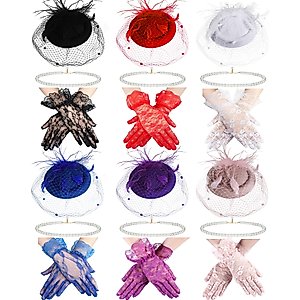 Xaatren 6 Sets Fascinators Hats for Women Girls Tea Party Hat with Lace Gloves and Bead Necklaces Cocktail Tea Party Pillbox Hat with Veil Vintage Mesh Feathers for Wedding Halloween Christmas Party