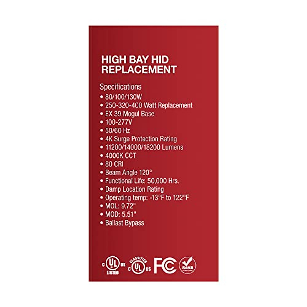 Satco S33114 Hi-Pro LED High Bay Wattage-Selectable HID Replacement Light, White, 80W/100W/130W