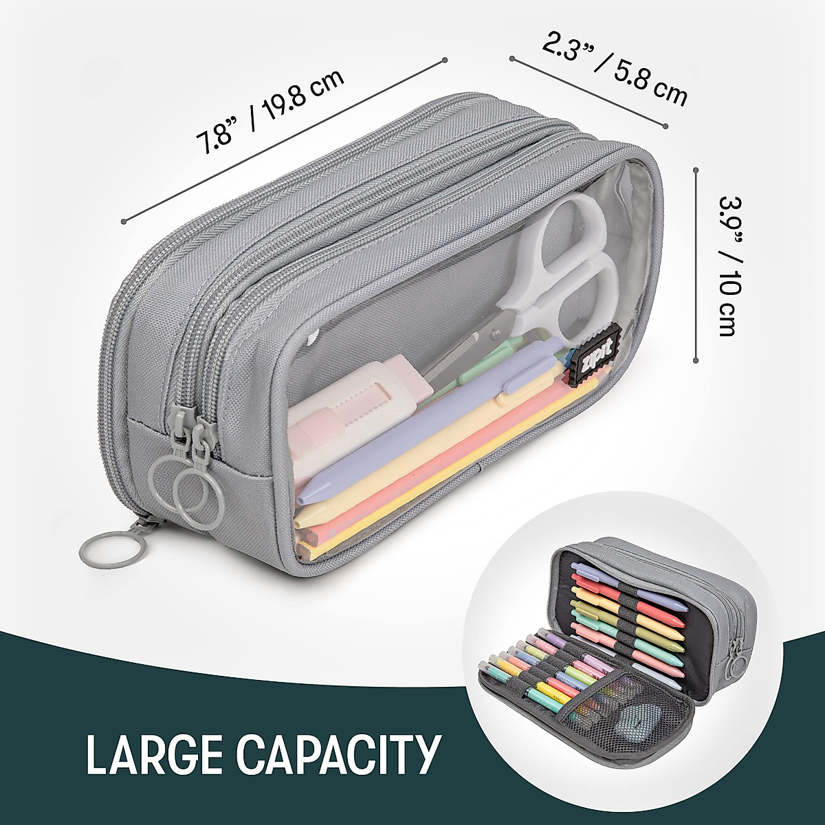 ZIPIT Half & Half Pencil Case | Large Capacity Pencil Pouch | Pencil Bag for School, College and Office (Grey)