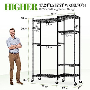 HOKEEPER Heavy Duty 6-Tier Metal Clothes Rack with Adjustable Shelves and Lockable Wheels, 860 lbs Capacity, 6 Shelves, 3 Hanging Rods, 2 Hooks, Easy Assembly
