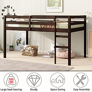 Low Loft Bed Twin Size, Kids Loft Bed with Stairs, Wooden Loft Bed Frame for Kids Boys Girls Toddler, Rubber Wood, Strengthened Slats, Noise Free, Easy Assemble (Espresso)