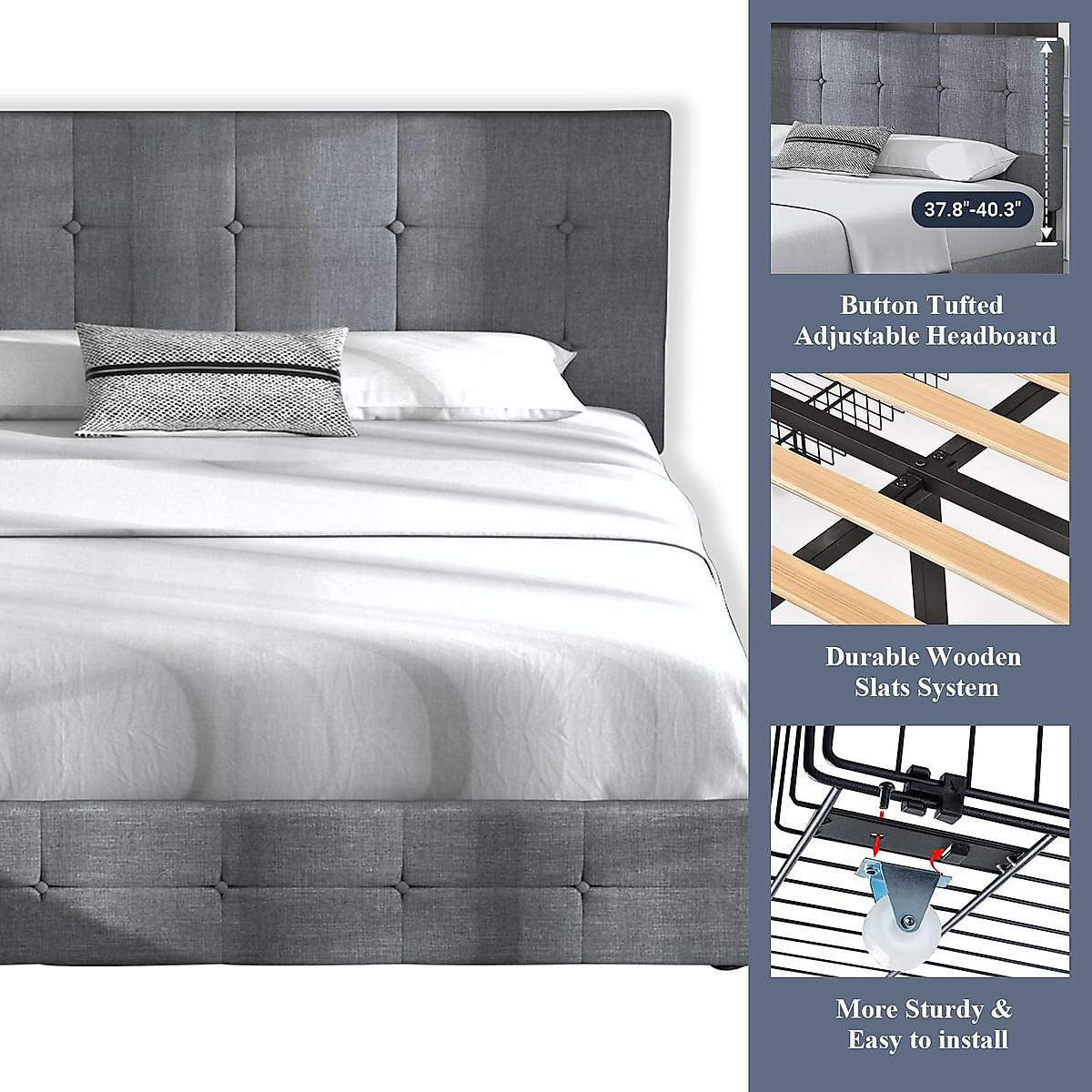 Allewie Upholstered King Size Platform Bed Frame with 4 Storage Drawers and Headboard, Square Stitched Button Tufted, Mattress Foundation with Wooden Slats Support, No Box Spring Needed, Light Grey