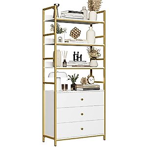 finetones Bookshelf with 3 Drawers, 71.2” Tall White and Gold Bookshelf with Open Shelves & Drawer to Display Flower for Home, Thickened Metal Frames
