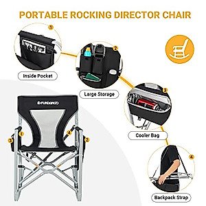 FUNDANGO Rocking Camping Chair for Adults, Oversized Portable Rocking Chair Outdoor Folding with Cooler and Side Pocket for Outside, Backyard, Patio, Lawn, Garden (Black/Grey)