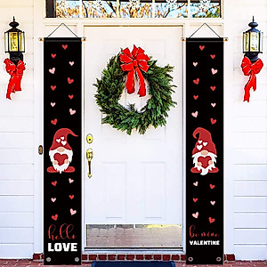 Valentines Day Banners-Valentines Day Door Banner 2 Pcs Hello Love Be Mine Valentine Gnome Heart Door Porch Signs Anniversary Wedding Party Indoor Outside Decor 71 x 12 Inch