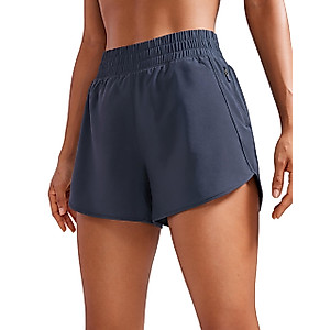 CRZ YOGA Womens High Waisted Running Shorts Mesh Liner 3'' Dolphin Quick Dry for Athletic Gym Track Workout with Zip Pocket Navy Small