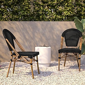 Flash Furniture Marseille 2 Pack Indoor/Outdoor Commercial Bistro Stack Chairs - Black Textilene Back and Seat - Natural Bamboo Print Aluminum Frame