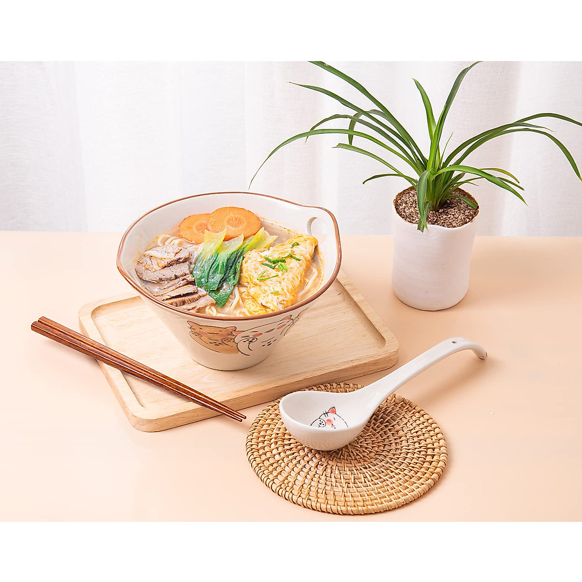 LLDAYU large Ceramic Japanese Ramen Noodle Soup Bowl, 27 Ounce Deep Bowl, with Matching Spoon and Chopsticks for Udon Soba Pho Asian Noodles.Dishwasher & Microwave Safe(Lucky Cat)