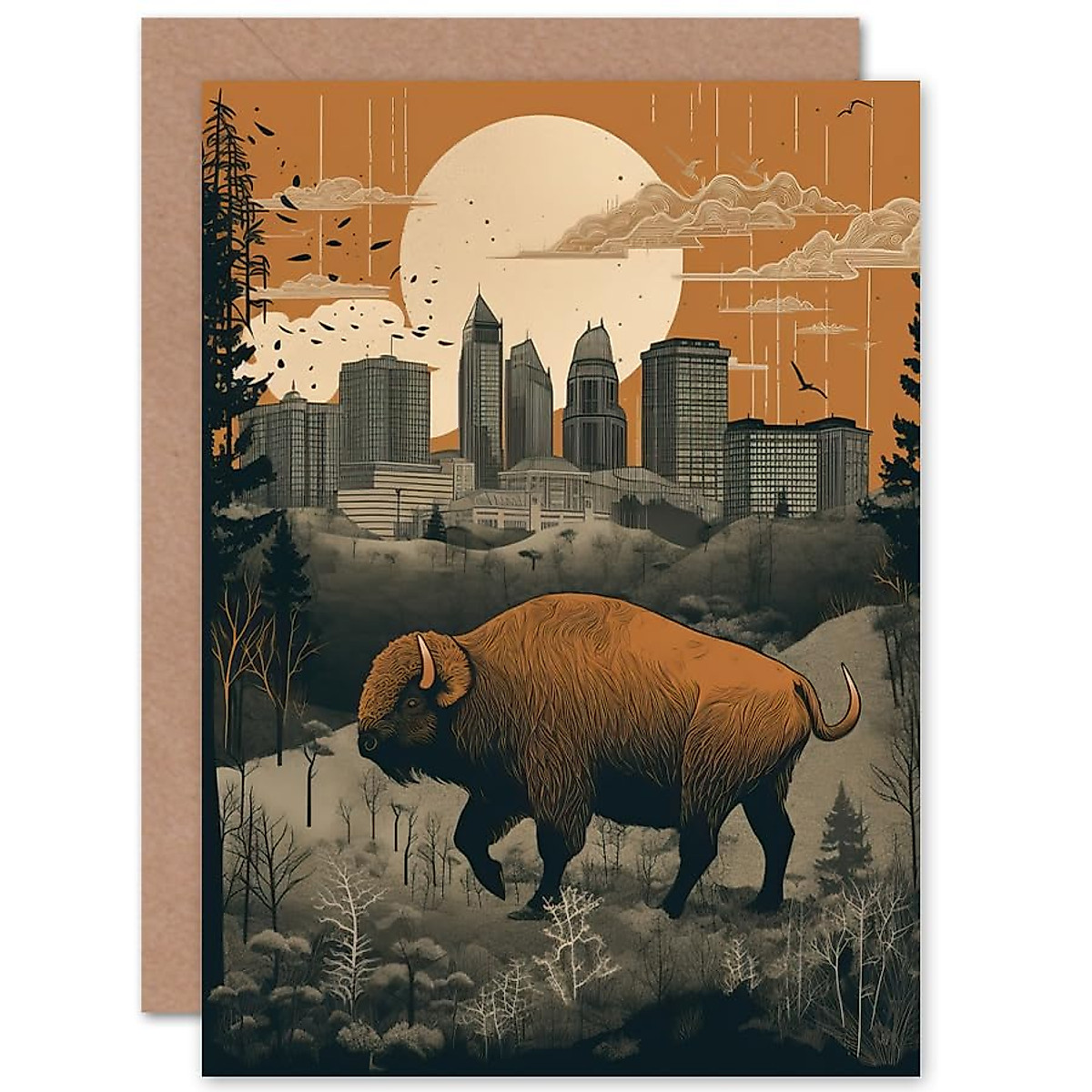 Artery8 Bison in Forest by Urban Cityscape Modern Linocut Travel Birthday Sealed Greeting Card Plus Envelope Blank inside