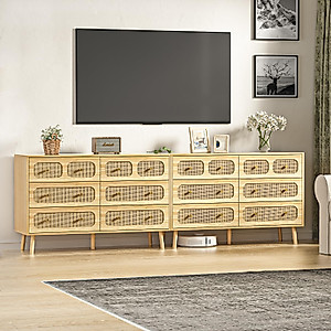 HOUROM Rattan Dresser for Bedroom, Modern 6 Drawer Double Dresser with Gold Handles, Natural Wood Storage Dressers & Chests of Drawers, 6 Drawer Dressers