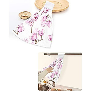 2 PCS Kitchen Hand Towels, Pink Blooming Floral Cluster Petals Branches Soft Plush Hanging Tie Towels with Loop for Kitchen Bathroom Dish Cloth Tea Bar Towel Oil Painting Orchid