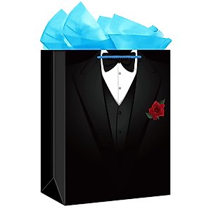 FLYAB Fathers Day Gift Bag with Handle 11.5" Large Fathers Day Gift Bag with Tissue Paper Groomsmen Tuxedo Wedding Gift Bags for Men Birthday Wedding Bridal Showert Bags Party Favor