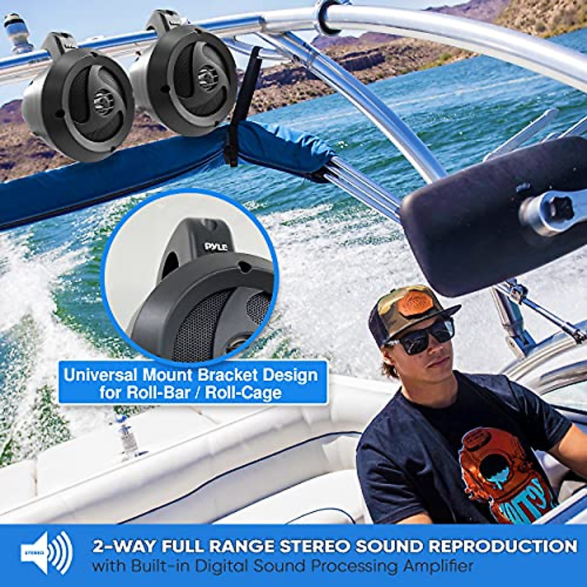 Pyle 2-Way Waterproof Bluetooth Off-Road Speakers - 4 inch 900W Active Passive Marine Grade Wakeboard Tower Speakers System w/AUX, Full Range Outdoor Stereo Speaker for ATV/UTV Jeep Boat PLUTV40BTA