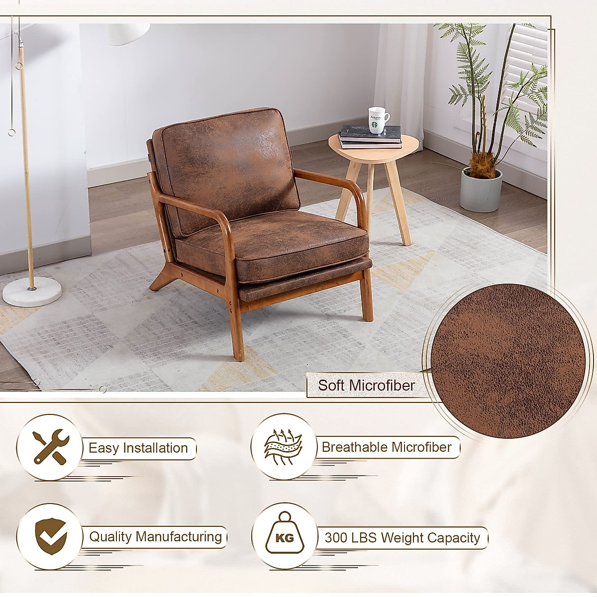 KINFFICT Upholstered Mid Century Accent Chair, Comfy Lounge Armchair with Thicken Cushion, Modern Wooden Arm Chair, Sturdy Reading Chair for Living Room, Bedroom, 300 LBS Weight Capacity, Coffee