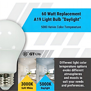GT-Lite A19 LED Light Bulbs 10 Packs, 60W Equivalent, 5000K Daylight, 9W 800 Lumens LED Bulbs, E26 Base Standard Light Bulbs