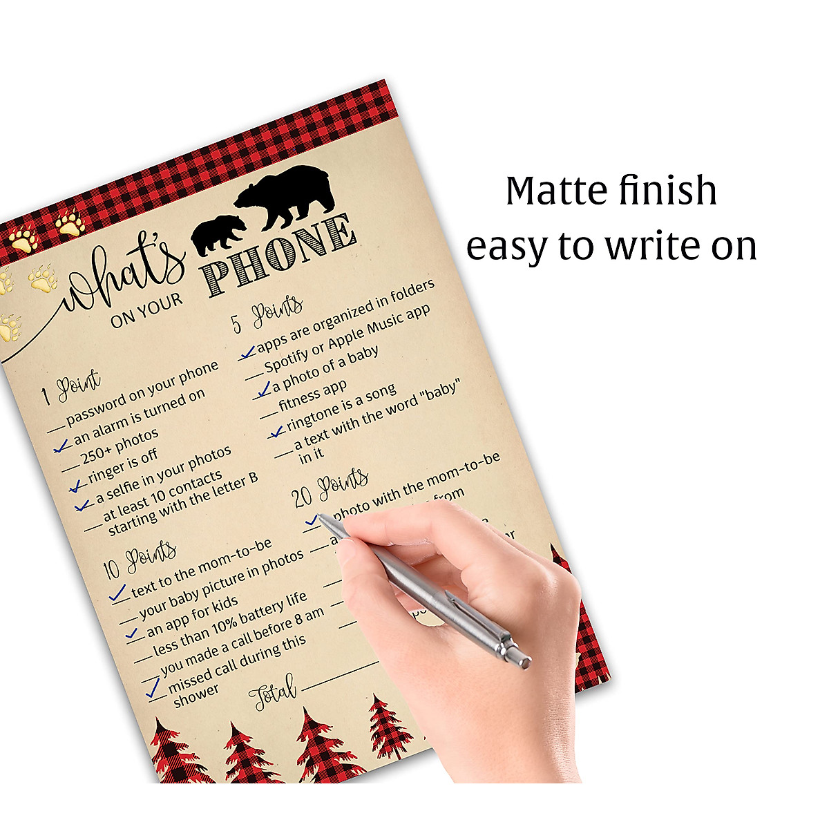 LUMBERJACK Baby Shower Games — WHAT'S ON YOUR PHONE Baby Shower Game — Pack of 25 — Country Buffalo Plaid Rustic BOY Baby Shower Games, Country Baby Shower Decoration, Baby Shower Games, SKU G805-PHN