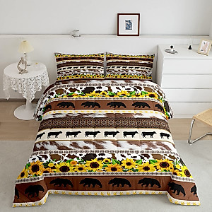 Castle Fairy Golden Sunflower Comforter Set Full Size Farmhouse Rustic Wild Animal Bedding for Girls Boys Kids Room Decor Cowhide Wildlife Skin Patchwork Soft Chic Quilted Duvet with 2 Pillowcases