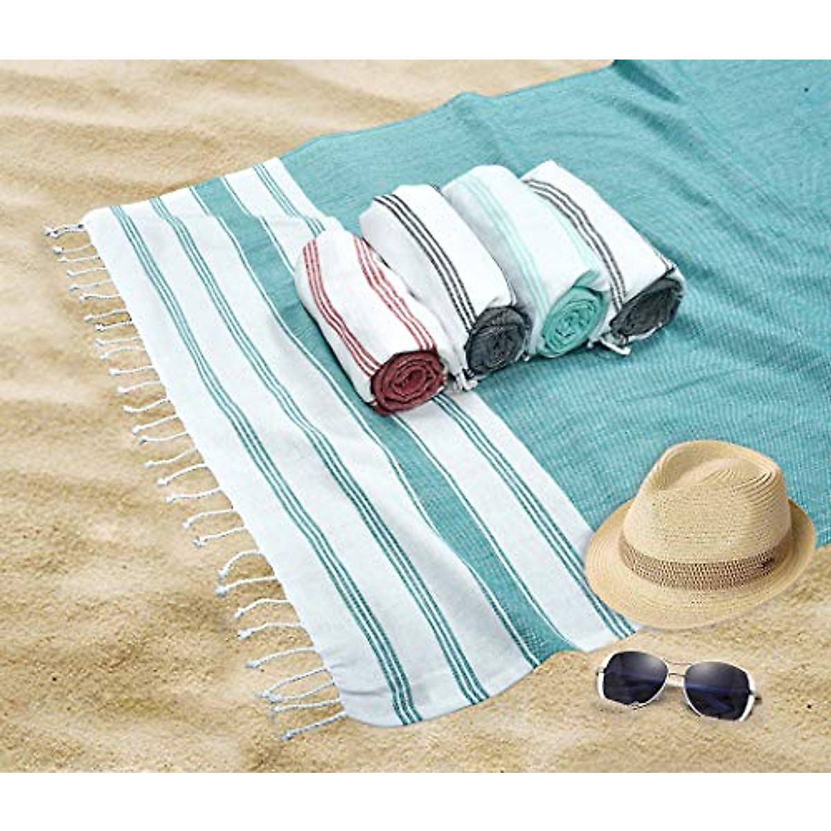 GLAMBURG Peshtemal Turkish Beach Towel 100% Cotton Oversized 36x71 Set of 6 for Adults, Soft Durable Absorbent Extra Large Hammam Bath Sheet - Teal