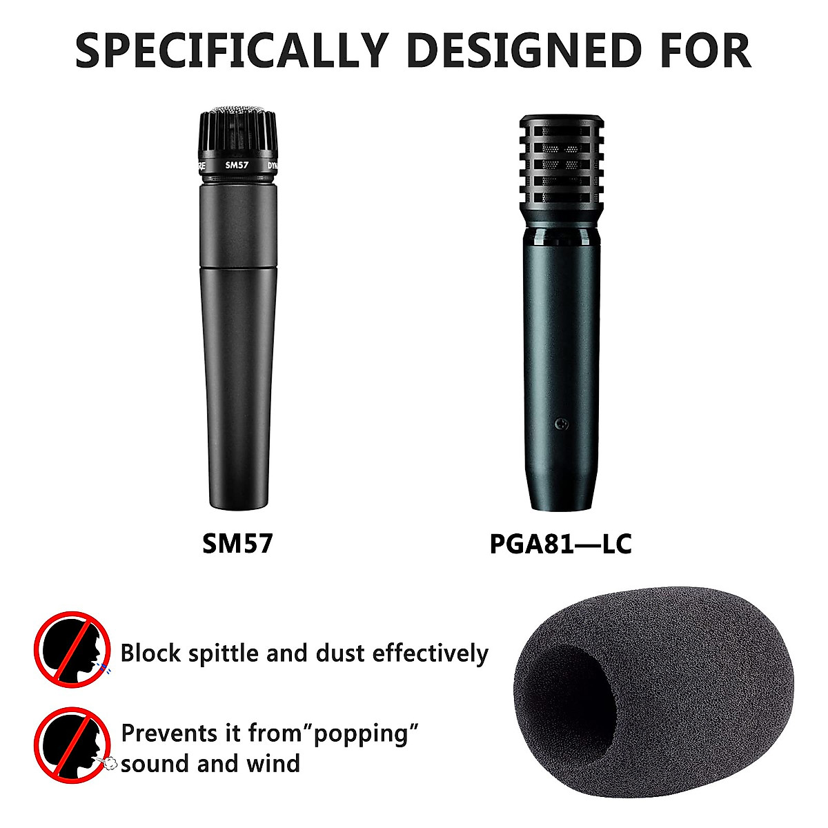 Geekria for Creators Foam Windscreen Compatible with Shure SM57-LCE, PGA81-LC, Microphone Antipop Foam Cover, Mic Wind Cover, Sponge Foam Filter (Black / 2 Pack)