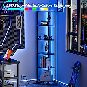 Furnulem 6 Tier Corner Shelf with LED Light, 67.5” Tall Standing Shelf Organizer, Black Narrow Bookshelf with Storage Rack for Wall Corner, Living Room, Bedroom, Metal Frame, Wood Display Shelf