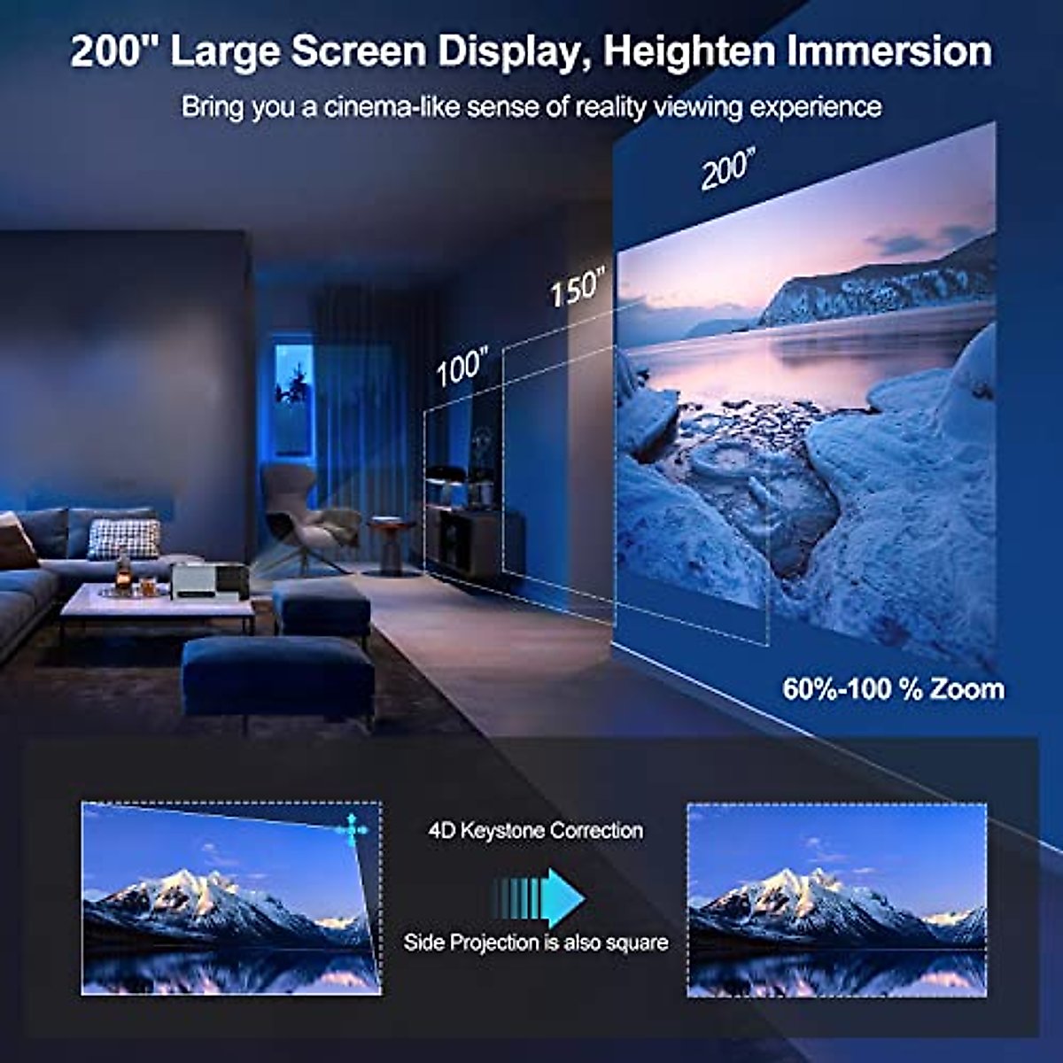 EUG Mini Projector for iPhone iPad Laptop, Outdoor Portable Projector 4K with WiFi Bluetooth, 2023 Android Smart Projector with Apps, Native 1080P LED Movie Video Projectors for Home Theater Office