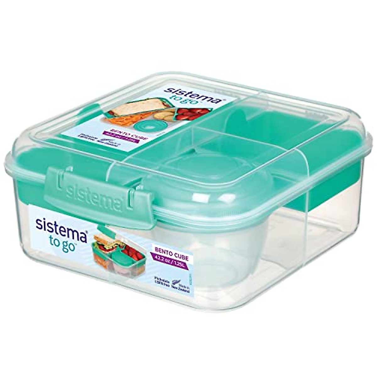 Sistema Bento Box Adult Lunch Box with 3 Compartments, 2 Removable Trays, and Salad Dressing Container, Dishwasher Safe, Color May Vary, 42 oz./1.25L Size (Pack of 4)