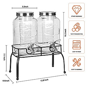 Drink Dispenser with Stand- Set of 2, 1 Gallon Glass Beverage Dispenser with Stainless Steel Spigot & Lid plus Ice Cylinder and Fruit Infuser, Drink Dispensers for Parties, Laundry Detergent Dispenser