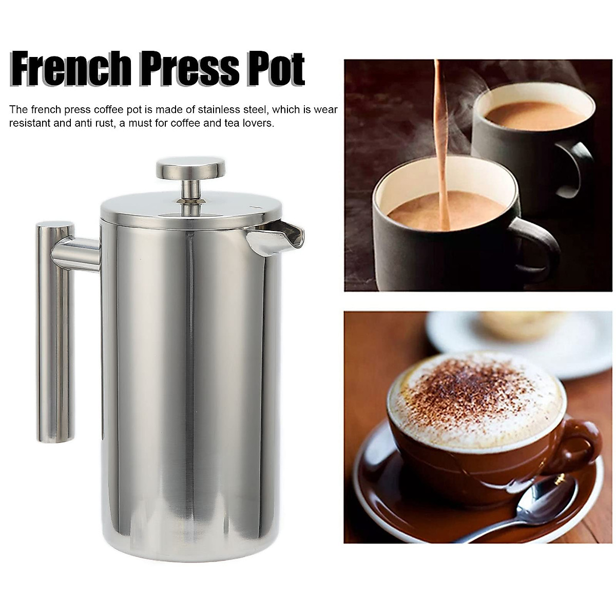 LJCM French Press Pot Coffee Pot Maker Milk Frother Stainless Steel Tea Maker Hand Pour 1000Ml Pressing Milk Frothing Machine Brewed Coffee Cafe Pot Brewing Coffee French Presses