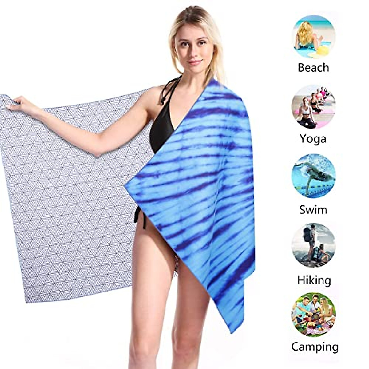 Microfiber Pool Sandproof Beach Towel Blanket - Quick Fast Dry Sand Free Proof Compact Outdoor Camping Travel Swim Micro Fiber Thin Yoga Mat Personalized Gift for Women Man Adult Blue Tie Dye
