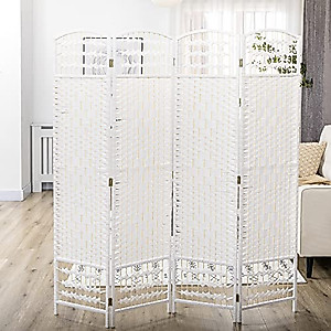 HOMCOM 4 Panel Room Divider, Folding Privacy Screen, 5.6' Room Separator, Wave Fiber Freestanding Partition Wall Divider for Rooms, Home, Office, White