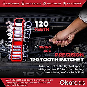 Olsa Tools Stubby Ratchet Wrench Set (SAE 11pc) | 6-Point Box End Ratchet Wrenches Set | 120 Tooth Ratcheting Wrench Sets | Works on Stripped and Rounded Bolts | Professional Grade Spanner Wrench