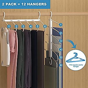Magic Pants Hangers Space Saving - 6 Tier Multi-Functional Rack for Hanging Pants, Jeans, Scarf, Trouser, Clothes. No Slip Folding Hangers for Closet Organizer - for Men and Women, 2 Pack