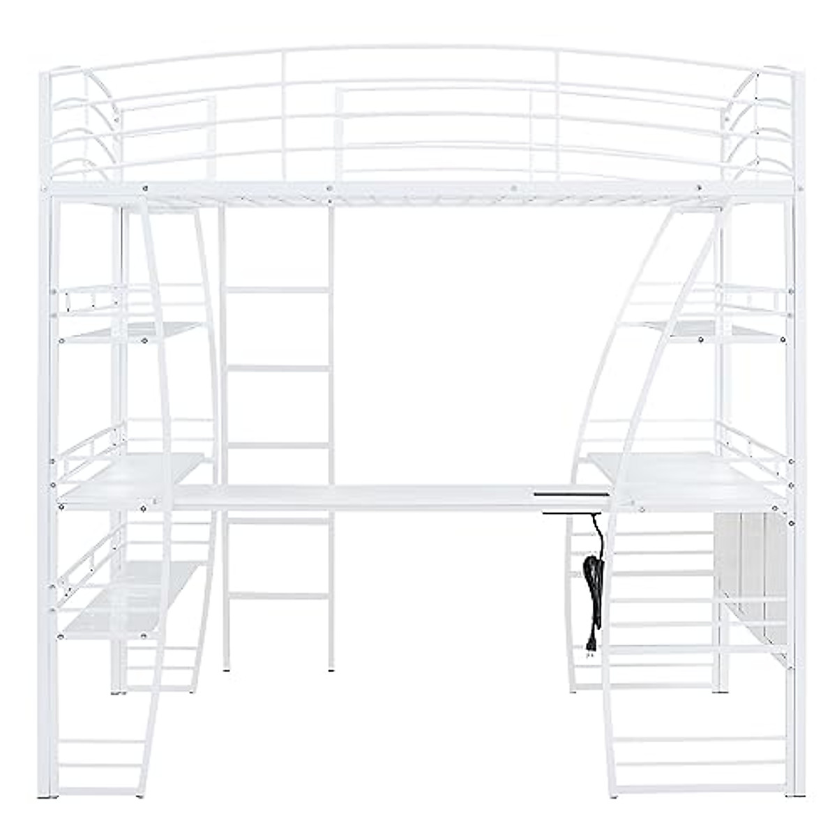 EMKK Full Size Loft Bed with 4 Layers of Shelves and L-Shaped Desk, Stylish Metal Frame Bed with a Set of Sockets, USB Ports and and Wireless Charging
