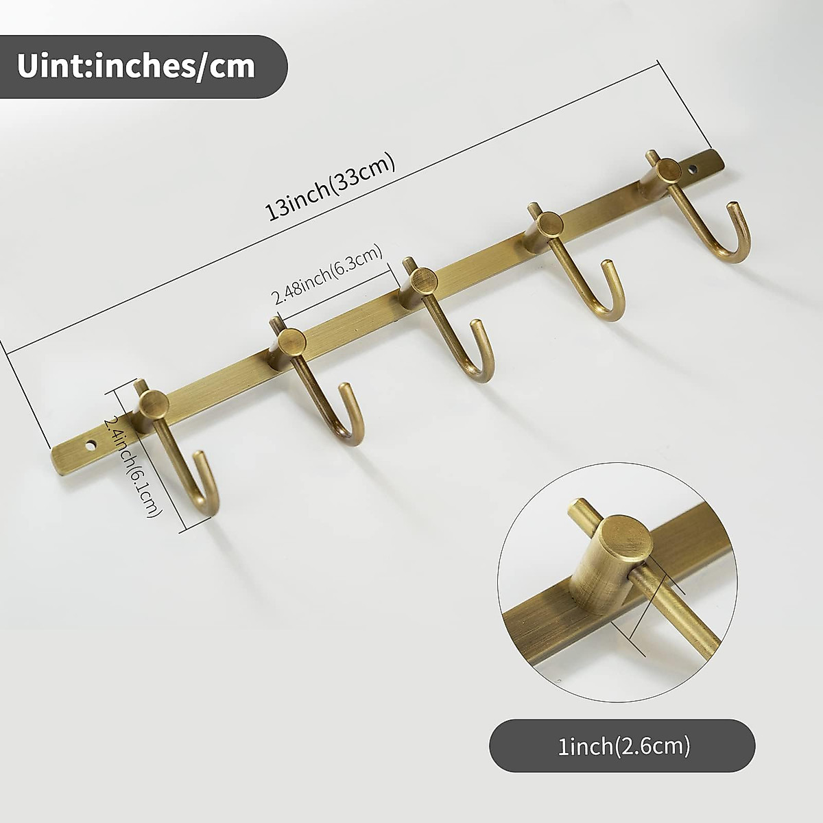 WINCASE Brass Towel Hook Rack, Brushed Brass Wall Hook Rail, Antique Coat Hook Rail Hanger 5 Hooks Bathroom Robe Hooks Wall Mounted