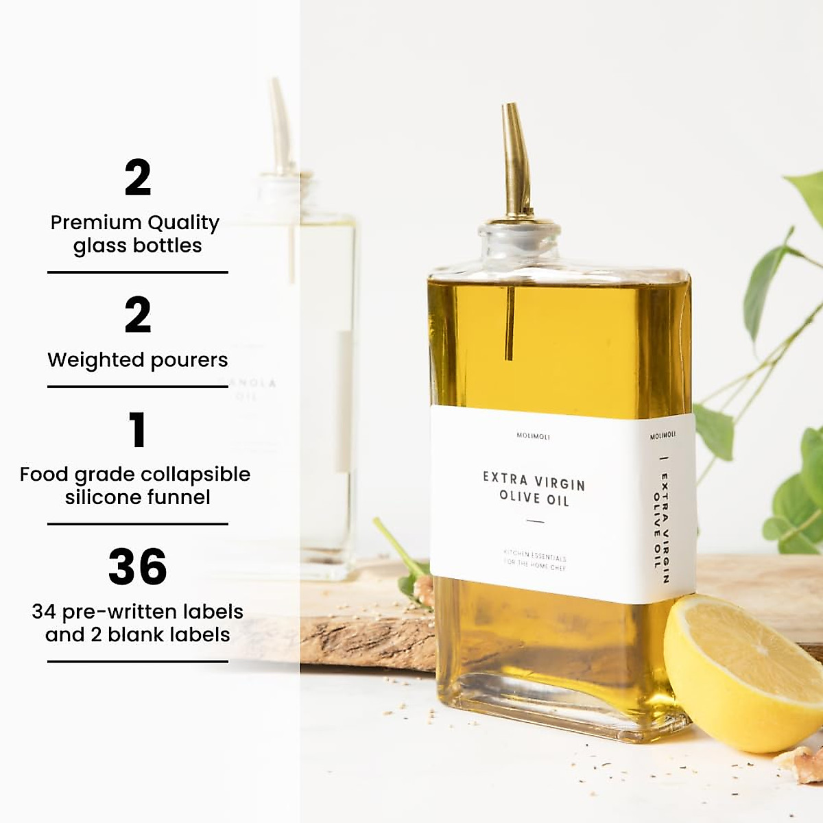 Molimoli Olive Oil Dispenser for Kitchen, Oil and Vinegar Dispenser Set, Glass Olive Oil Dispenser Bottle, Soy sauce dispenser, coffee syrup bottles | Set of 2 - Gold Oil Dispenser