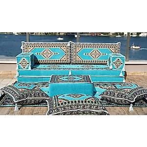 Turquoise Turkish Floor Sofas, 8" Thickness Floor Couch, Reading Sofa Pillow, Window Seat, Bench cushion, Meditation Yoga Loveseat, Healing Room Floor Cushion, Sofa Covers (Sofa Full Set)