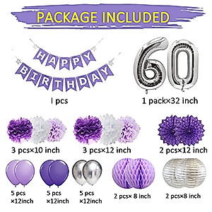 60th Birthday Decorations for Women Purple Silver Women 60 Birthday Happy Birthday Banner Purple Silver Latex Balloons Polka Dot Paper Fans/Purple 60th Birthday Decorations for Women