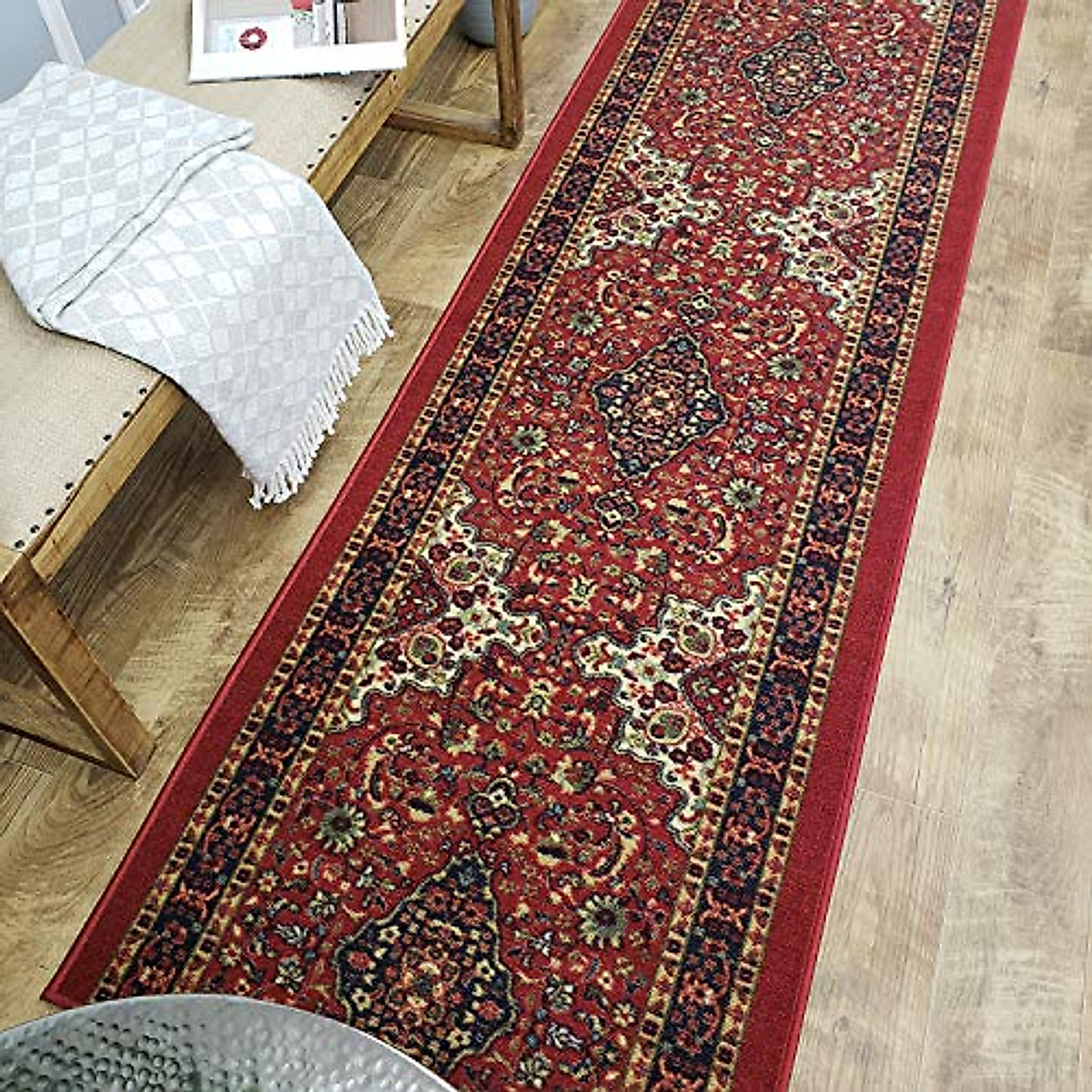 Rubber Backed Hallway Runner Rug, 31 x 120 inch, Persian Medallion Carmine Red, Non Slip, Kitchen Rugs and Mats