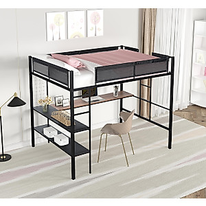 NCKMYB Metal Loft Bed with Desk and Shelves, Full Size Loft Bed with 2 Ladders and 2 Tier Shelves, for Teen Adult or Dorm, Black