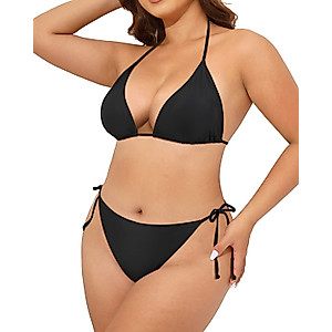 Tempt Me Women Plus Size Triangle Bikini String Two Piece Halter Tie Side Swimsuit Black 14 Plus