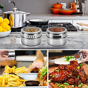 ILEBYGO Magnetic Spice Tins 6pcs Stainless Steel Spice Jars Storage Spice Containers,Clear Top Lid with Sift or Pour,48 Blank Spice Stickers Include,Magnetic on Refrigerator and Grill